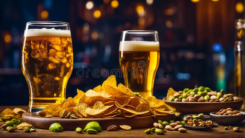 Glasses Light Beer, Various Snacks on Table Refreshment Design Tasty ...