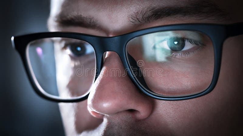Computer Screen Light Reflect from Glasses. Close Up of Eyes Stock ...