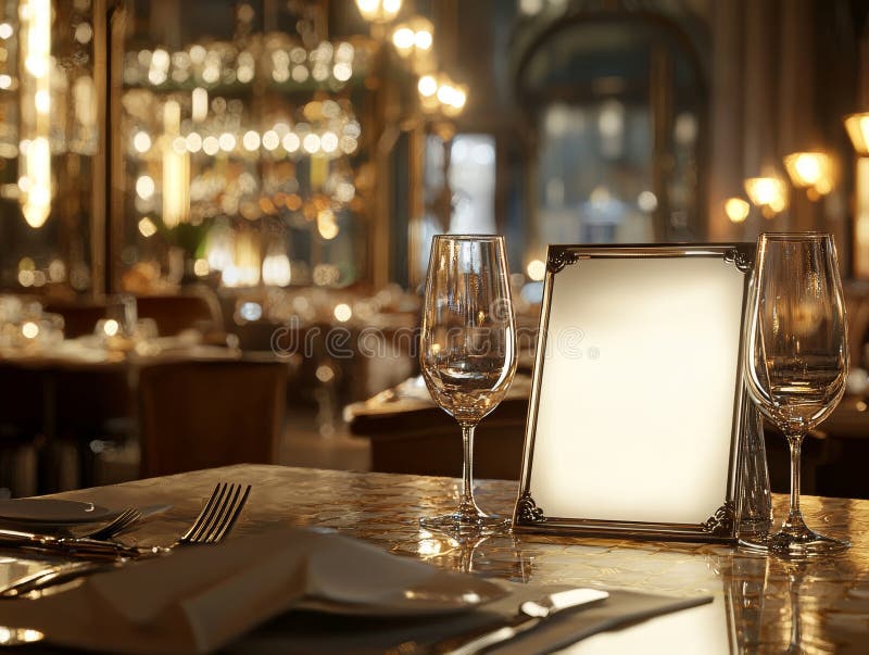 Glasses and Lights in a Luxurious Restaurant, an Empty Billboard on the ...