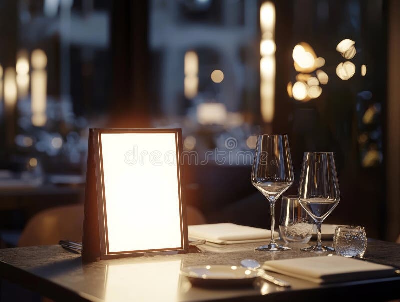 Glasses and Lights in a Luxurious Restaurant, an Empty Billboard on the ...