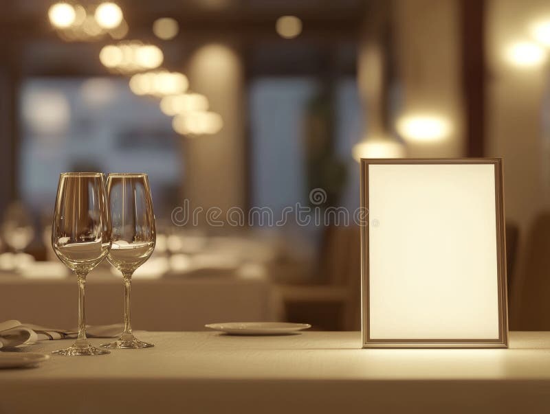 Glasses and Lights in a Luxurious Restaurant, an Empty Billboard on the ...