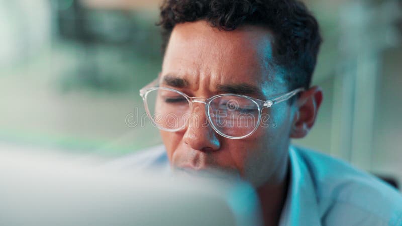 Glasses, Man or Programmer Reading on Computer for Coding Research or Cybersecurity Update ...