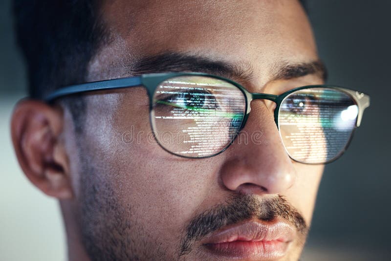 Computer Working, Business Man and Glasses of a Corporate Worker with Lens Flare and Mockup ...