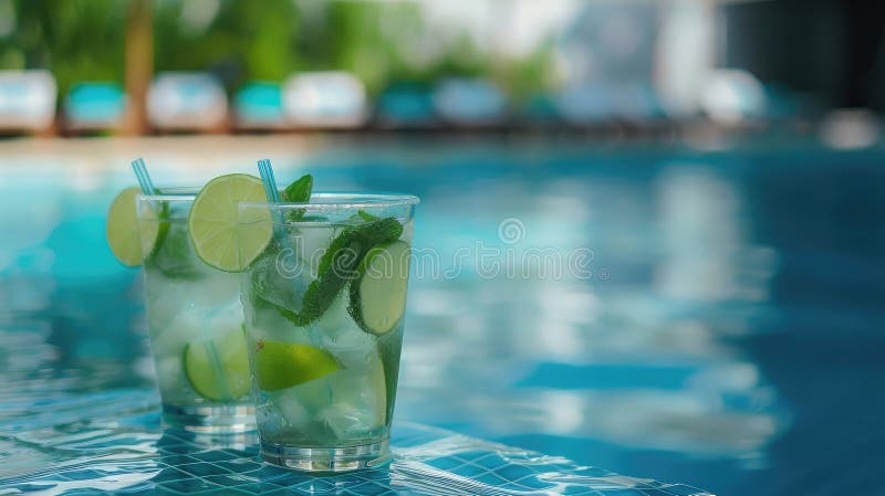 Glasses of Mojito with Lime and Mint. on the Edge of a Swimming Pool in ...