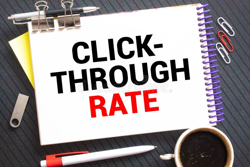 A Glasses, Notebook and Pen with CLICK through RATE Written on White ...