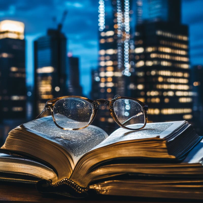 Glasses on Open Book with City Background. Education and Knowledge ...