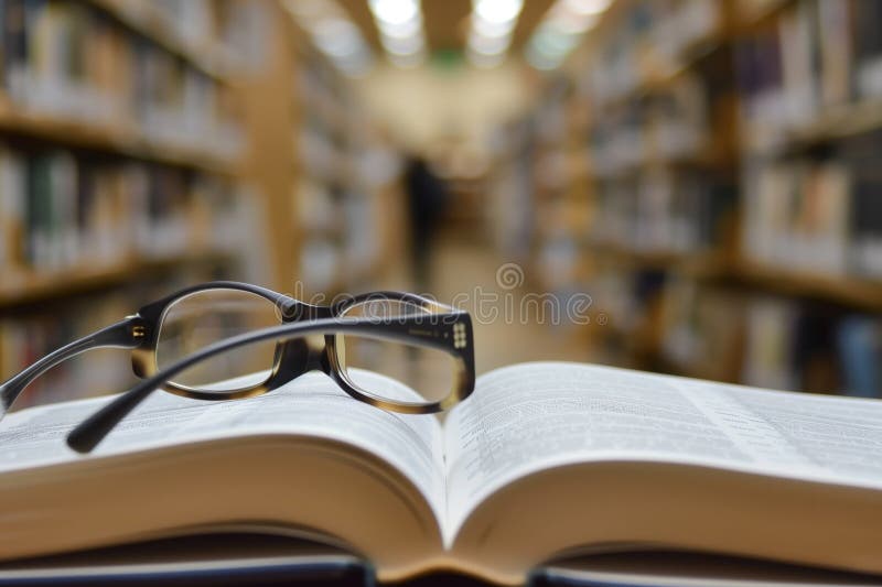 Glasses on an Open Book, Library Aisles Blurry Stock Image - Image of ...