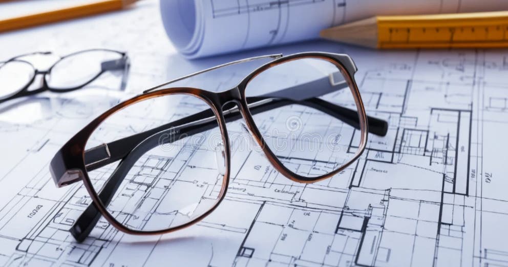 Glasses on Plan Design. Concept of Architecture, Construction Stock ...