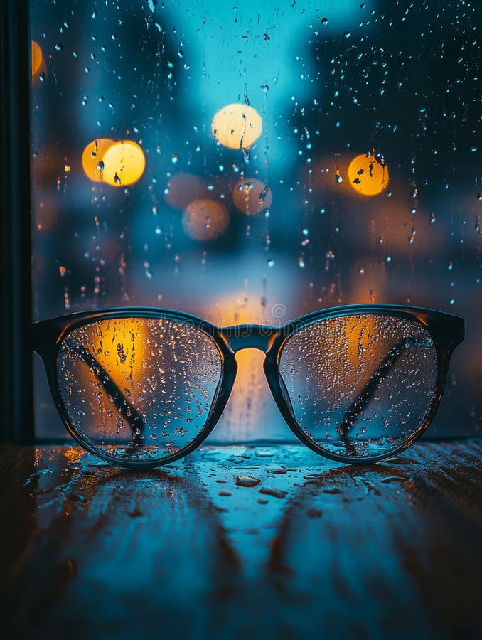 Glasses with Raindrops on a Window at Night with City Lights. Stock ...