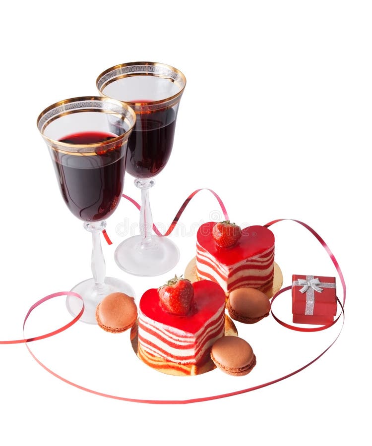 Glasses of Red Wine, Gift Box and Heart Shape Cake Stock Image - Image ...