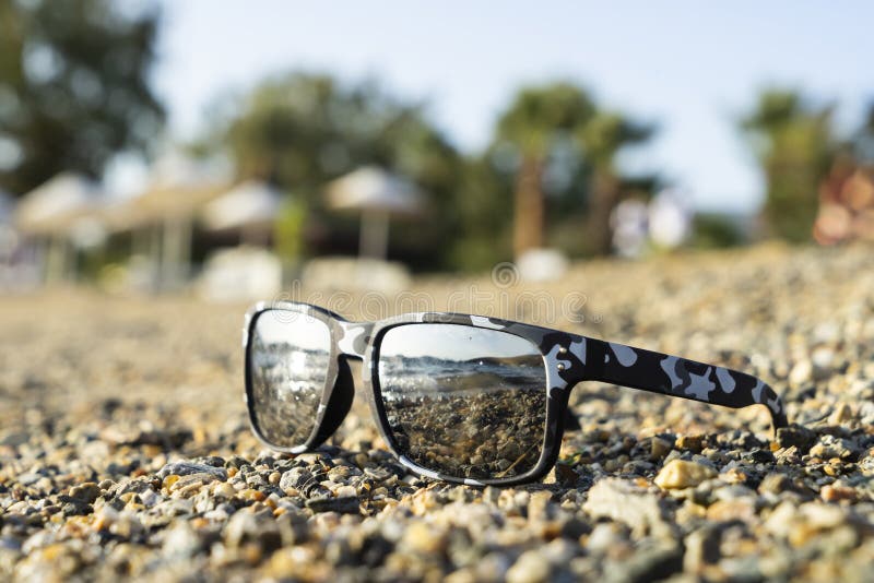 The Glasses Reflect the Sun and the Sea on the Beach in Summer Stock ...