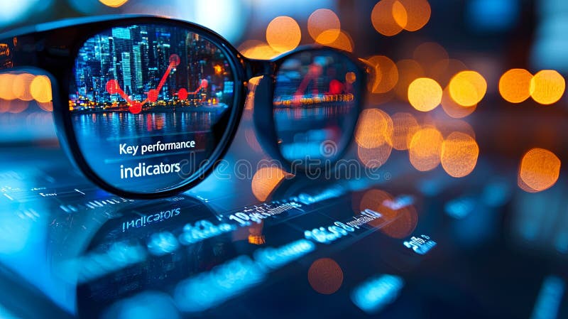 Glasses Reflecting Key Performance Indicators and City Lights Stock ...
