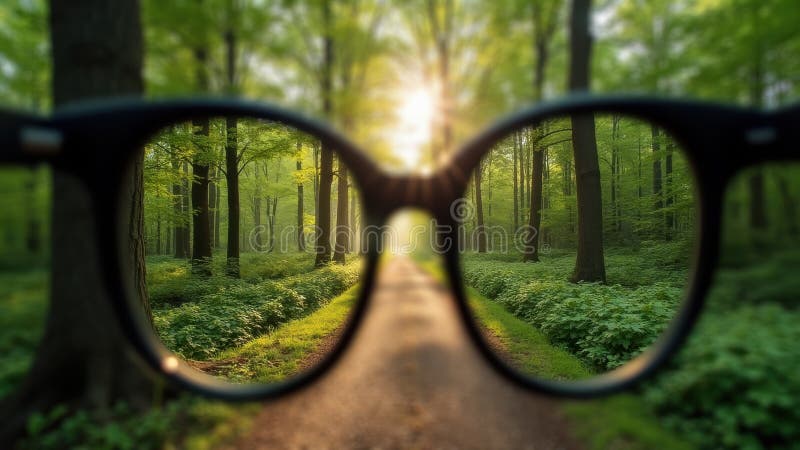 Glasses Rest in Front of a Sunlit Forest Path, Showcasing a Lush Green ...