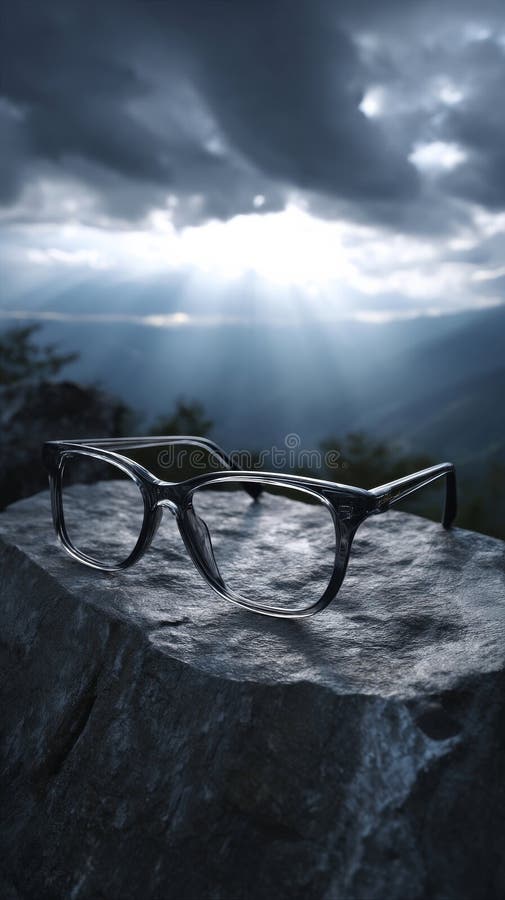 Glasses on Rock in Dramatic Cloudy Landscape with Light Rays, Concept ...