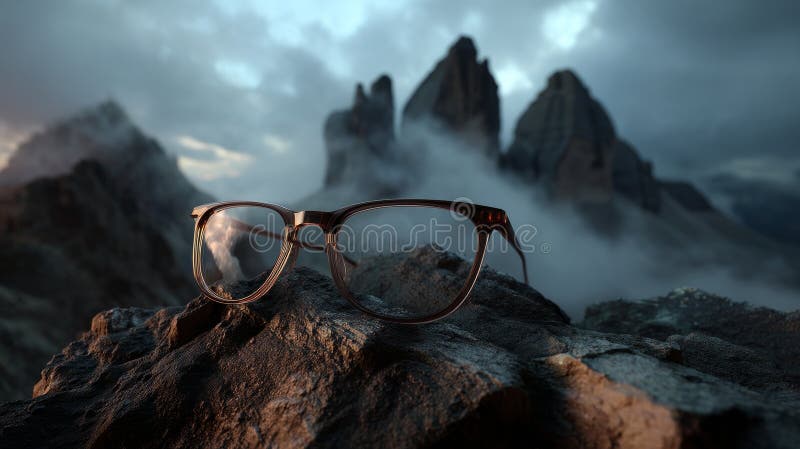 Glasses on Rocky Mountain with Mist and Dramatic Sky, Concept of Vision ...