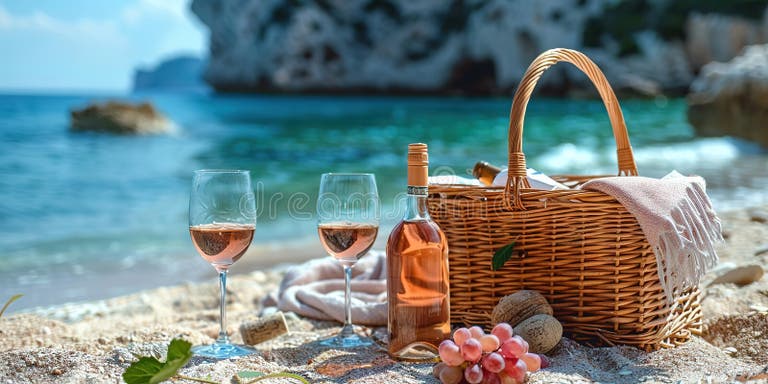 Glasses with Rose Wine and Snacks on Sandy Seashore. Space for Text ...