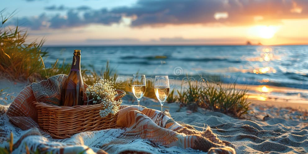 Glasses with Rose Wine and Snacks on Sandy Seashore. Space for Text ...