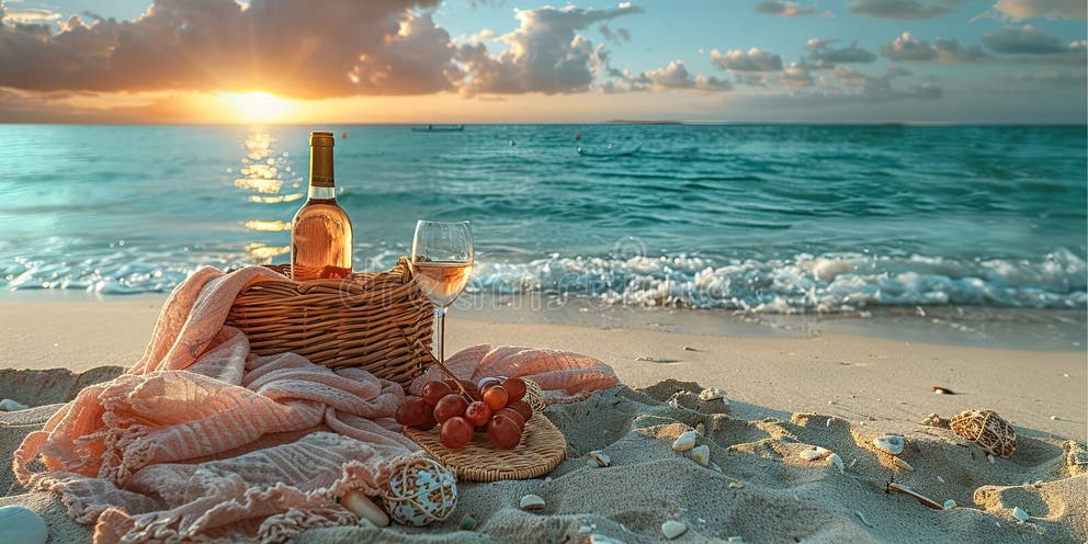 Glasses with Rose Wine and Snacks on Sandy Seashore. Space for Text ...