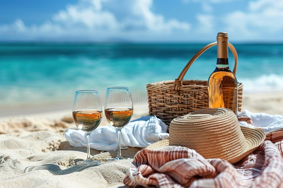 Glasses with Rose Wine and Snacks on Sandy Seashore. Space for Text ...