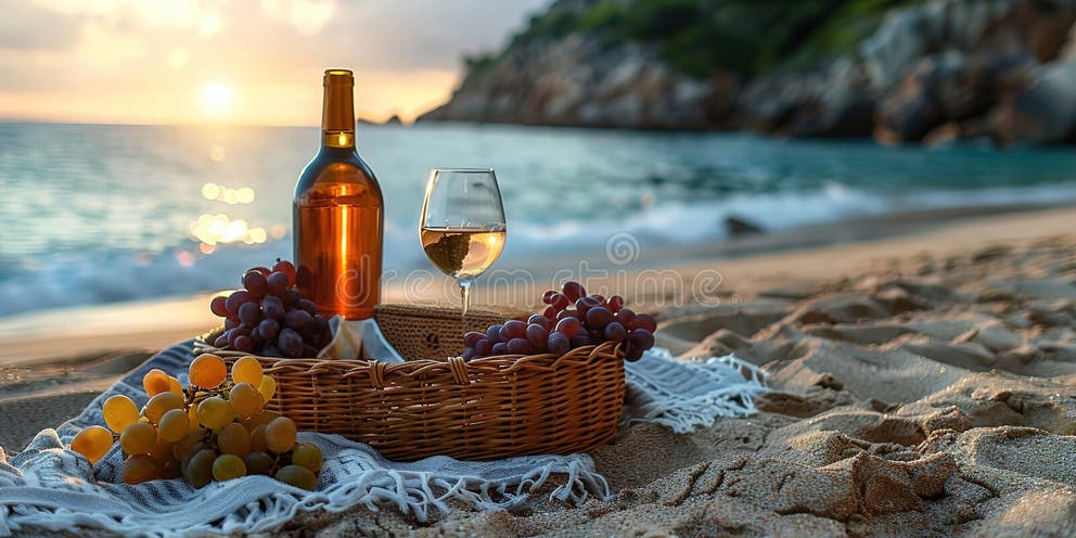 Glasses with Rose Wine and Snacks on Sandy Seashore. Space for Text ...
