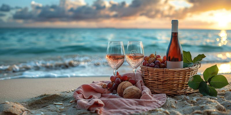 Glasses with Rose Wine and Snacks on Sandy Seashore. Space for Text ...
