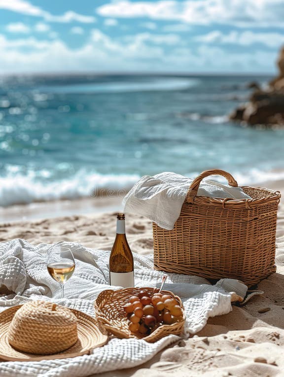 Glasses with Rose Wine and Snacks on Sandy Seashore. Space for Text ...
