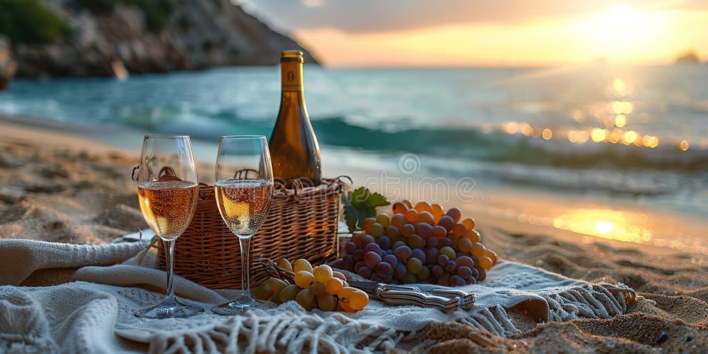 Glasses with Rose Wine and Snacks on Sandy Seashore. Space for Text ...
