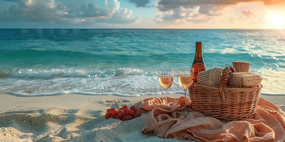 Glasses with Rose Wine and Snacks on Sandy Seashore. Space for Text ...