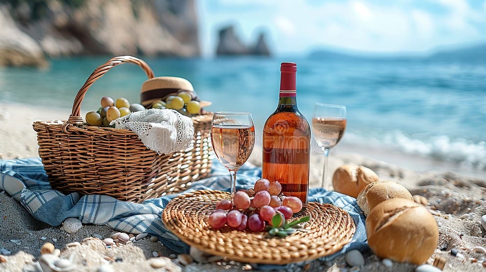 Glasses with Rose Wine and Snacks on Sandy Seashore. Space for Text ...