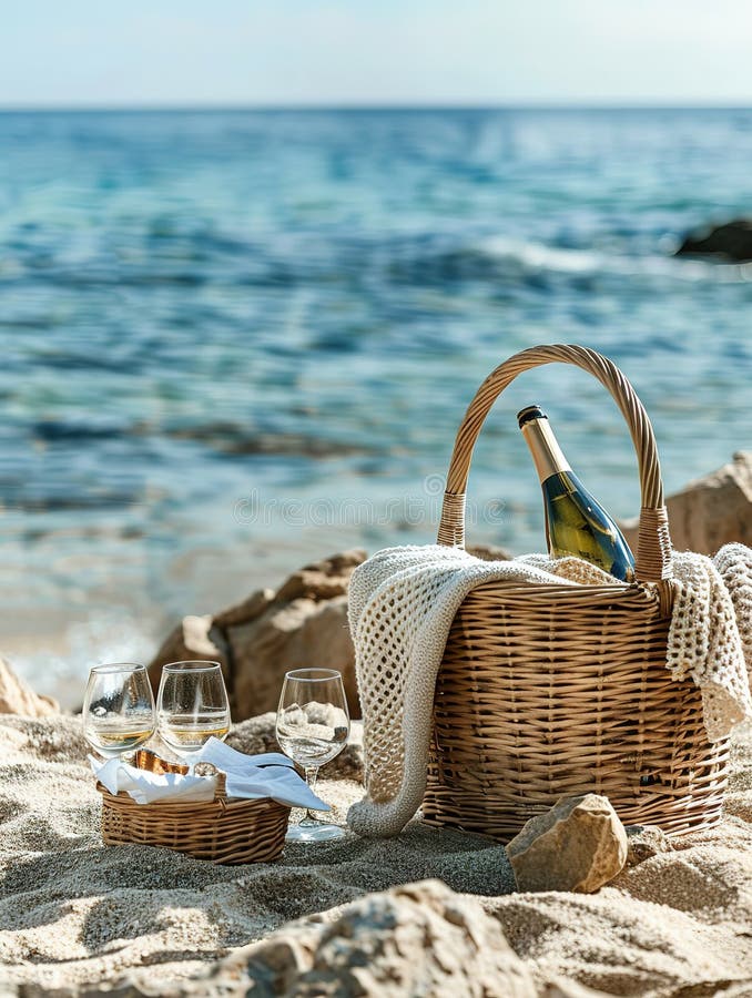 Glasses with Rose Wine and Snacks on Sandy Seashore. Space for Text ...