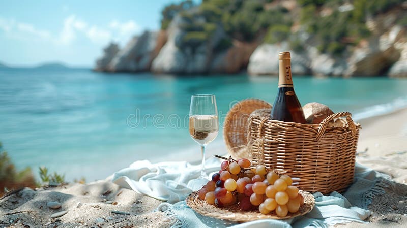 Glasses with Rose Wine and Snacks on Sandy Seashore. Space for Text ...