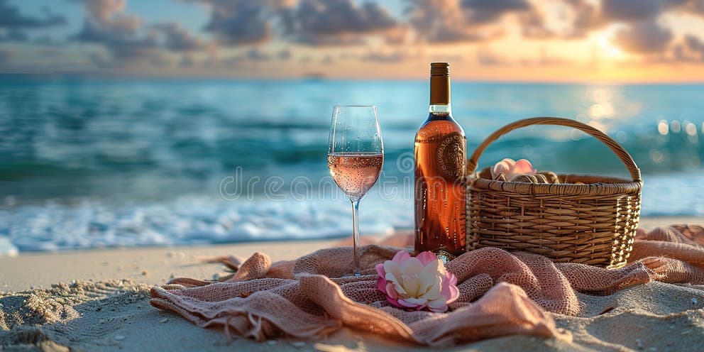 Glasses with Rose Wine and Snacks on Sandy Seashore. Space for Text ...