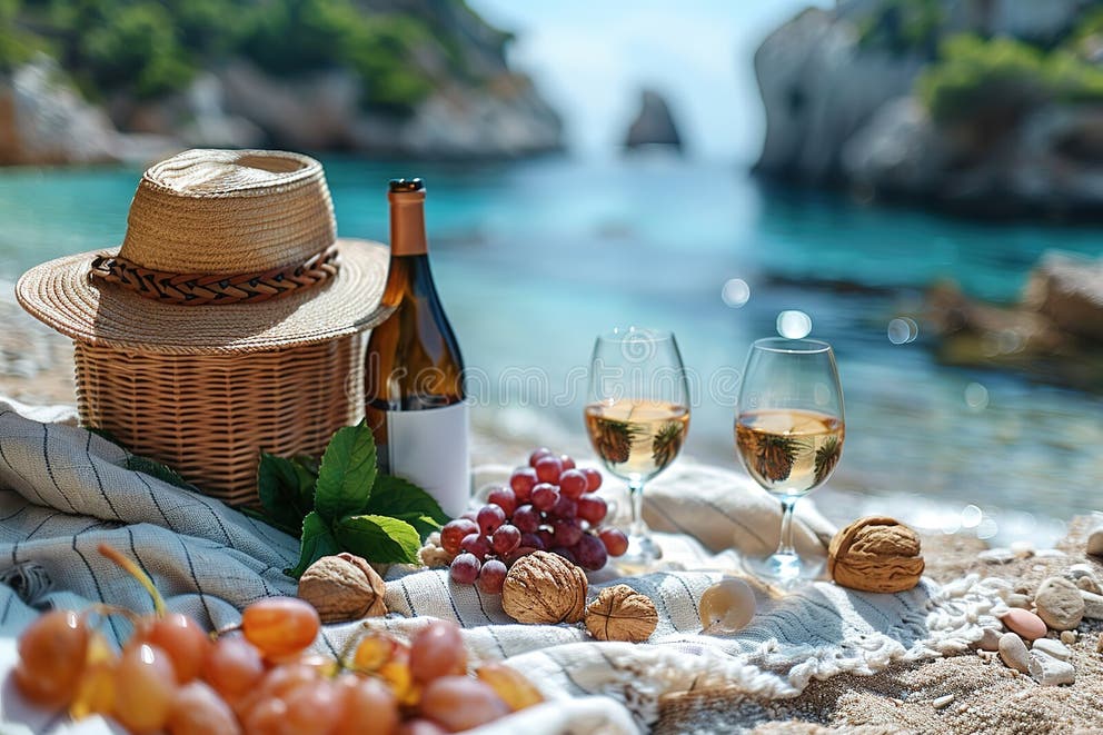 Glasses with Rose Wine and Snacks on Sandy Seashore. Space for Text ...