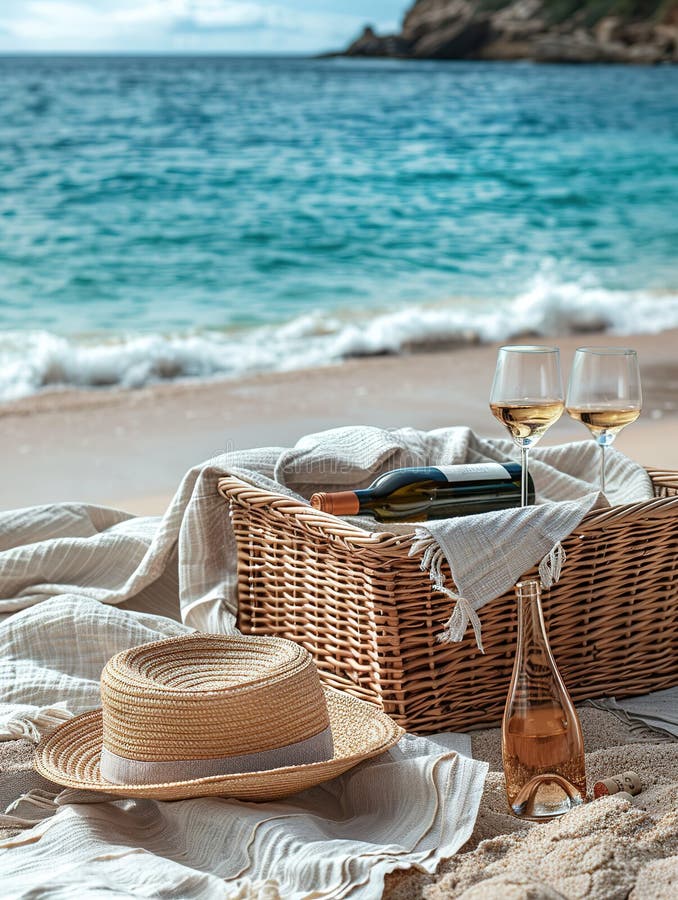 Glasses with Rose Wine and Snacks on Sandy Seashore. Space for Text ...