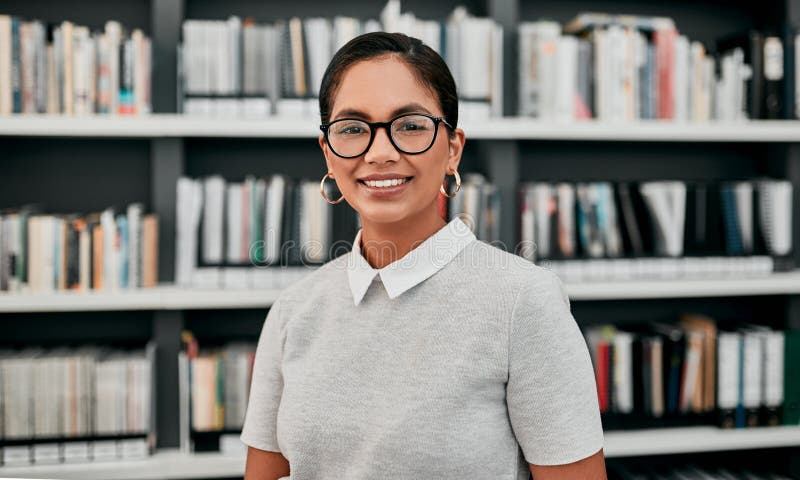 Glasses, Smile and Portrait of Woman in Library for Knowledge ...