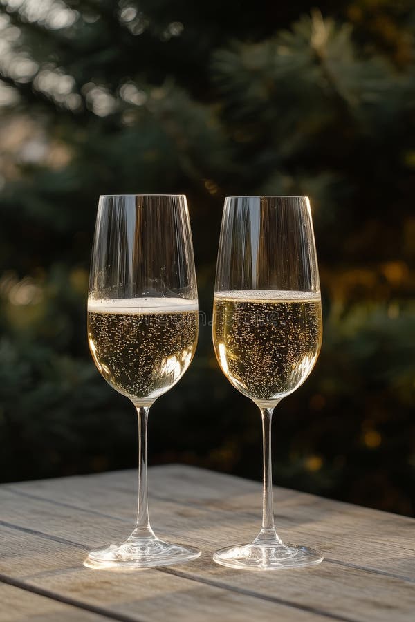 Glasses of Sparkling Wine and Glasses on an Outdoor Table. Stock ...