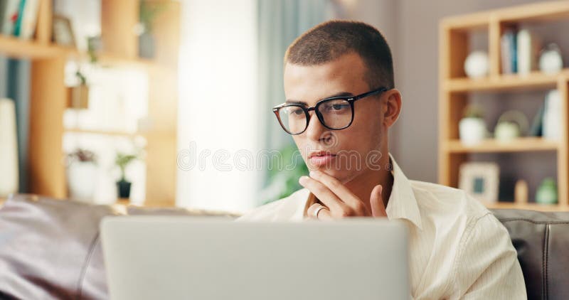 Glasses, Student and Man on Sofa with Laptop for Online Research ...