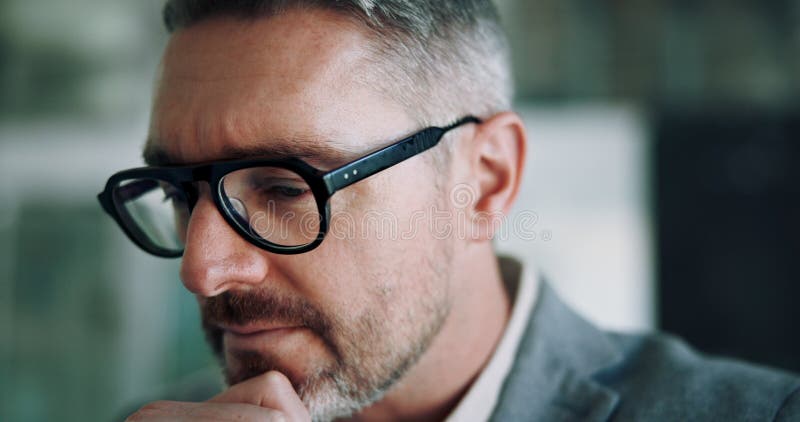 Glasses, Thinking and Mature Man in Office with Idea, Business Plan or ...