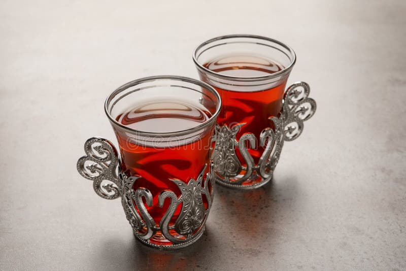 Glasses of Traditional Turkish Tea in Vintage Holders on Light Grey ...