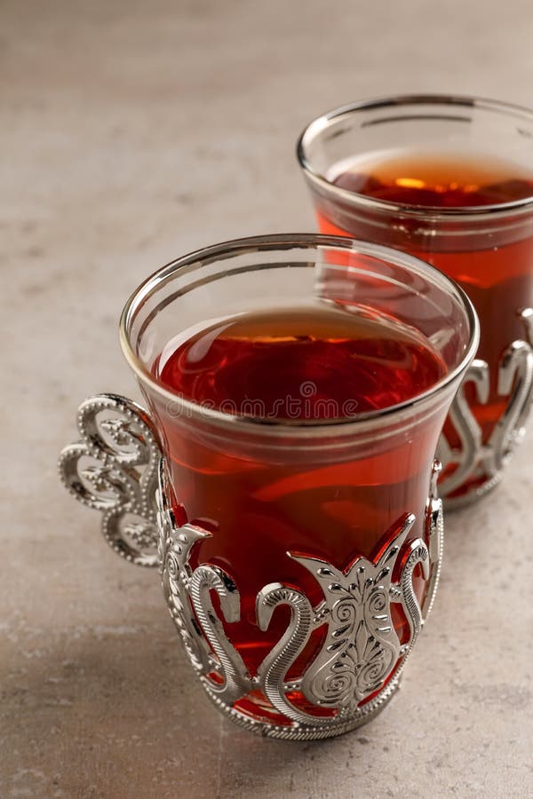 Glasses of Traditional Turkish Tea in Vintage Holders on Light Grey ...