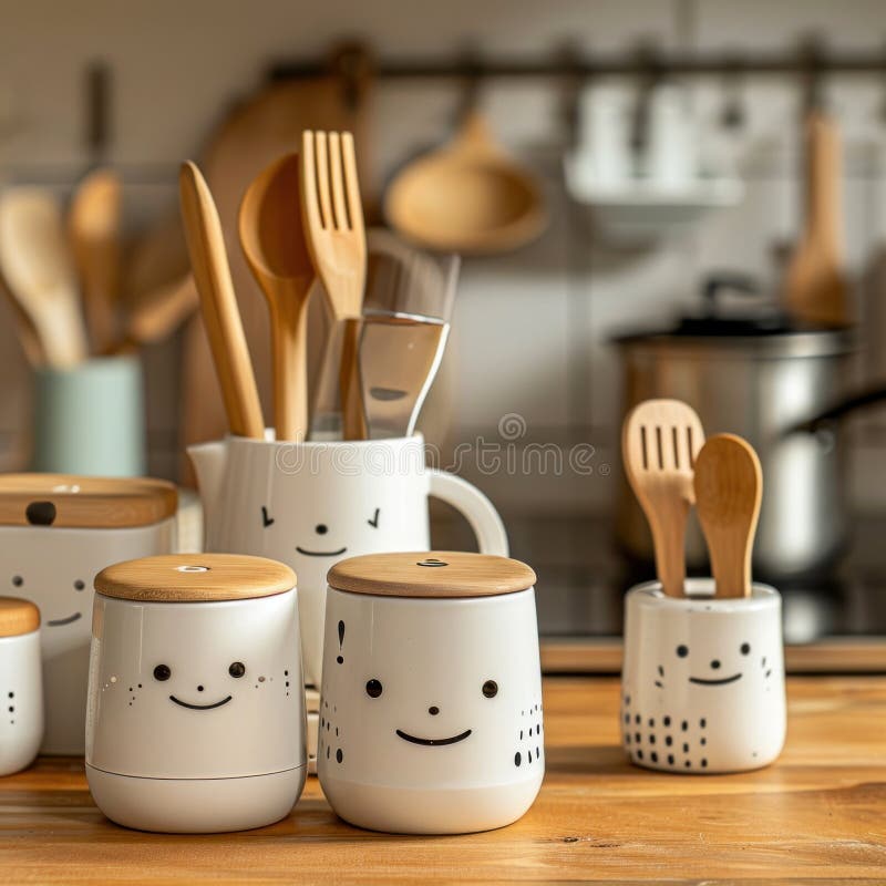 Glasses and Various Kitchen Utensils with Cute Shapes Smiling Happily ...