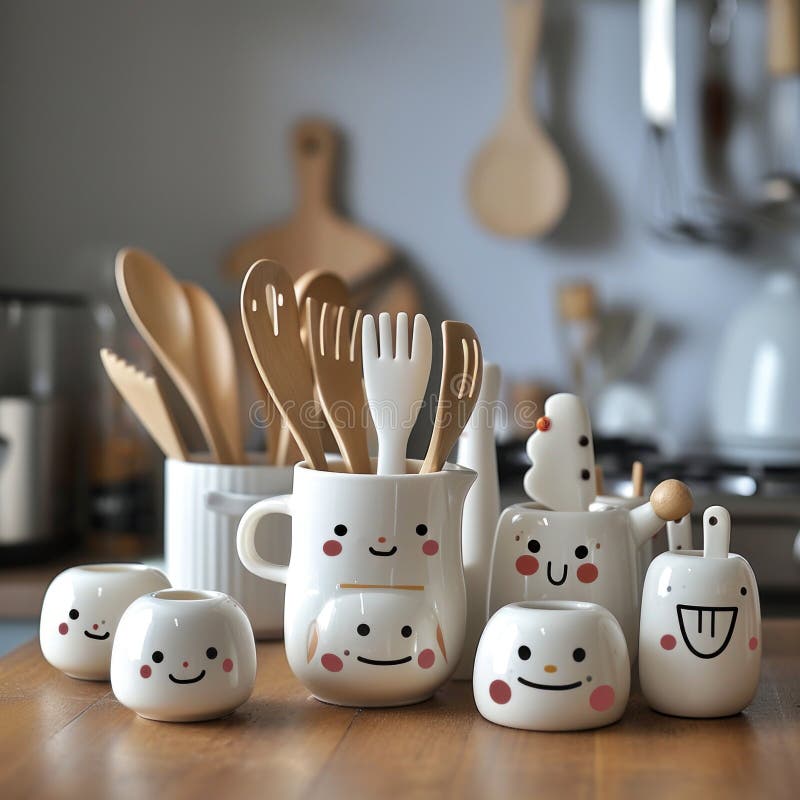 Glasses and Various Kitchen Utensils with Cute Shapes Smiling Happily ...