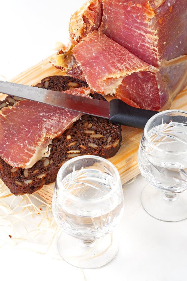 Glasses of Vodka and Delicious Meat for a Holiday Stock Photo - Image ...
