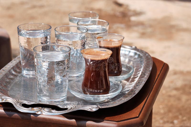 Glasses of Water and Turkish Coffee are on a Metal Tray Stock Image ...