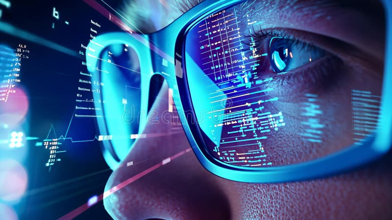 Glasses Wearing Eye Reflecting Digital Data, Embodying Technological ...