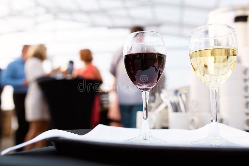 Glasses of White and Red Wine Standing on a Tray during the Buffet ...