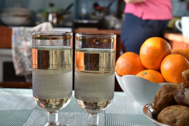 Glasses of Wine and Fruit are on the Table. Stock Image - Image of ...