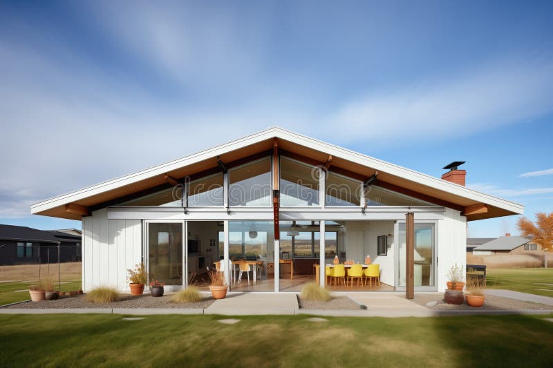 Glasswalled House on Prairie with Deep Eaves for Shade Stock Image ...