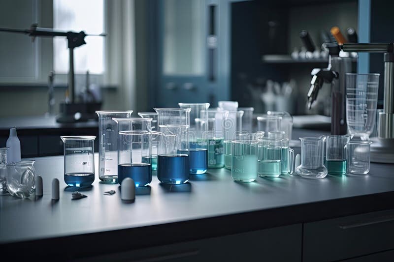 Glassware and Beakers Arranged Neatly on Countertop in Laboratory ...