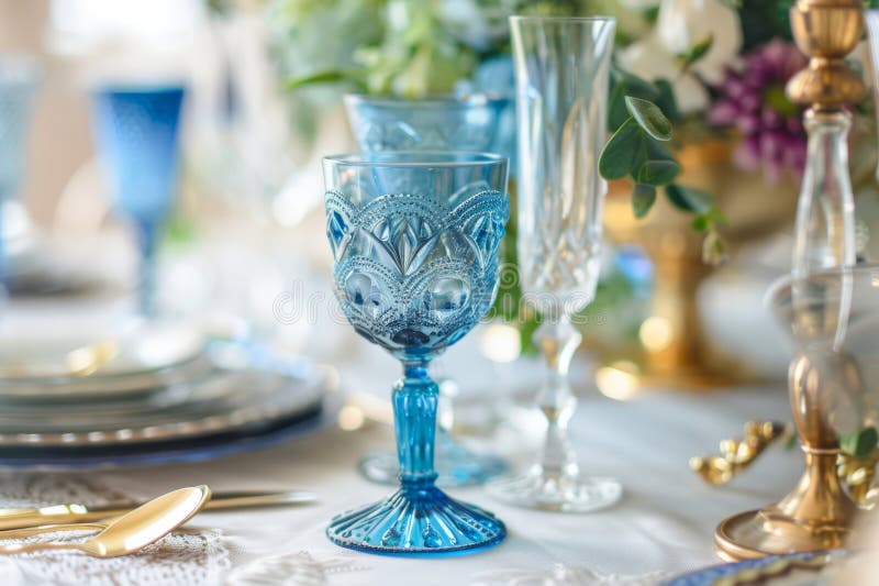 Glassware on a Formal Dining Table Set. Blue and Clear Glasses Stock ...